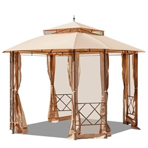 YOLENY 12'x10' Patio Canopy,Gazebo with Mesh Curtains and Safety Bars, Waterproof Double Roof Tops, for Garden, Backyard,Parties, Deck, Khaki