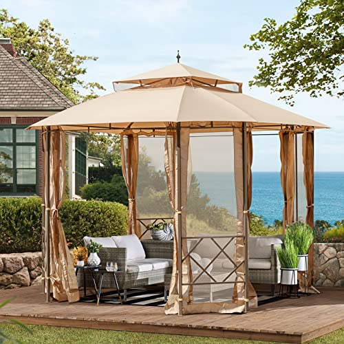 YOLENY 12'x10' Patio Canopy,Gazebo with Mesh Curtains and Safety Bars, Waterproof Double Roof Tops, for Garden, Backyard,Parties, Deck, Khaki