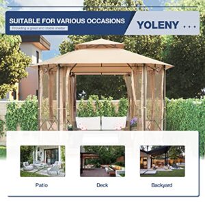 YOLENY 12'x10' Patio Canopy,Gazebo with Mesh Curtains and Safety Bars, Waterproof Double Roof Tops, for Garden, Backyard,Parties, Deck, Khaki