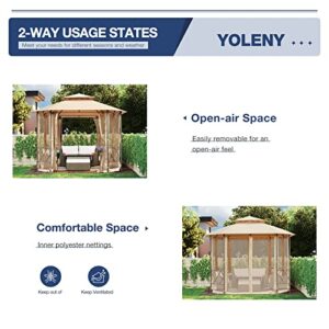 YOLENY 12'x10' Patio Canopy,Gazebo with Mesh Curtains and Safety Bars, Waterproof Double Roof Tops, for Garden, Backyard,Parties, Deck, Khaki