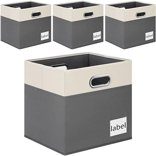 GhvyenntteS 11 Inch Cube Storage Bin, Fabric Storage Cubes with Label Cards, Fabric Storage Bins with Metal Handles, Foldable Cube Storage Organizer Bins for Closet, Home, Office (Grey&White, 4 Pack)