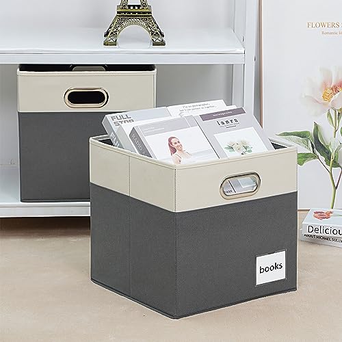 GhvyenntteS 11 Inch Cube Storage Bin, Fabric Storage Cubes with Label Cards, Fabric Storage Bins with Metal Handles, Foldable Cube Storage Organizer Bins for Closet, Home, Office (Grey&White, 4 Pack)