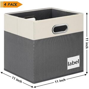 GhvyenntteS 11 Inch Cube Storage Bin, Fabric Storage Cubes with Label Cards, Fabric Storage Bins with Metal Handles, Foldable Cube Storage Organizer Bins for Closet, Home, Office (Grey&White, 4 Pack)