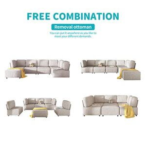 BALUS Beige Modular Sectional Sofa with Ottoman, U Shaped L Shaped Convertible Sectional Couch, Free-Combined Oversized Sectional Sleeper Sofa Furniture Sets for Living Room