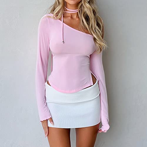 Women's Square Neck Long Sleeve Top Basic Slim Fitted T-Shirt Crop Top Sexy Solid Lace Tee Chic Y2k Aesthetic Clothes