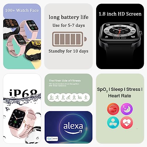 Smart Watch for Women Men - Answer & Make Calls, Alexa Build-in, Blood Oxygen (SpO2) 1.8 inch HD Screen iP68 Waterproof, Heart Rate Sleep Monitor, Fitness Tracker Compatible with Android and iOS Phone