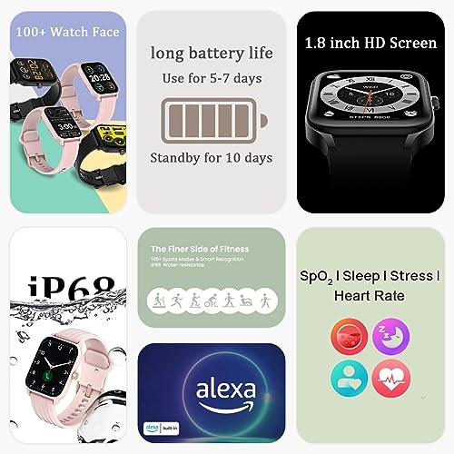 Smart Watch for Men Women - Answer & Make Calls, Alexa Build-in, Blood Oxygen (SpO2) 1.8 inch HD Screen iP68 Waterproof, Heart Rate Sleep Monitor, Fitness Tracker Compatible with Android and iOS Phone