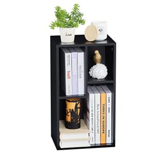 VECELO 3-Cube Open Bookcase, Small Bookshelf with Height Difference Shelves for Most Books, Horizontal Available, 2-Tier Storage Organizer for Home Office, Living Room, Black