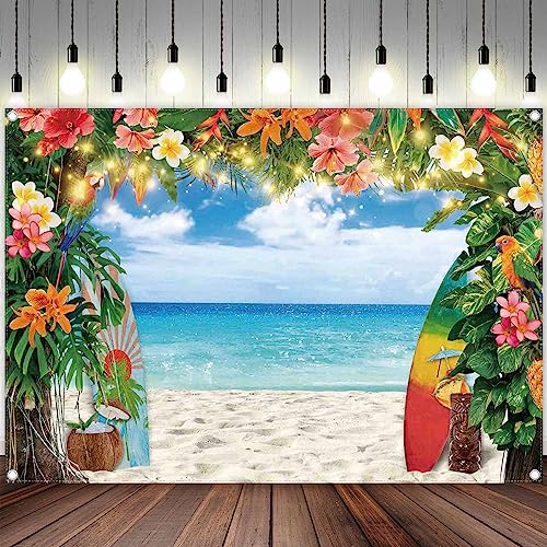 YCUCUEI 7x5ft Fabric Summer Hawaiian Beach Photography Backdrop Tropical Flower Palm Leaves Surfboard Background Aloha Luau Decorations Photo Banner