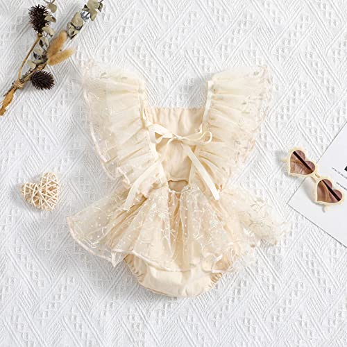 Kupretty Newborn Baby Girl Boho Romper Dress Embroidery Flower Lace Tutu Photography Outfits Princess Clothes (Beige, 3-6 Months)