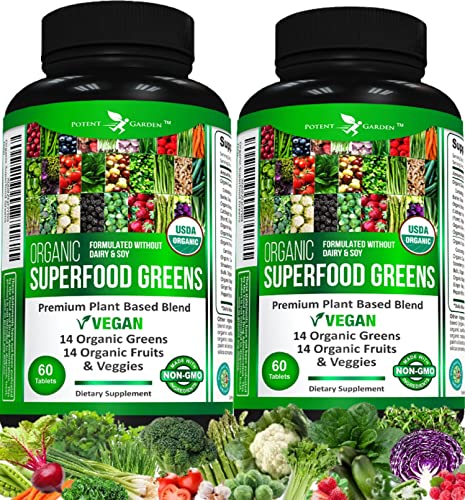 Potent Garden 2-Pack Organic Superfood Greens, Fruit and Veggie Supplement Rich in Vitamins & Antioxidants with Alfalfa, Beet Root & Tart Cherry to Boost Energy, Immunity & Gut Health, 120 Ct