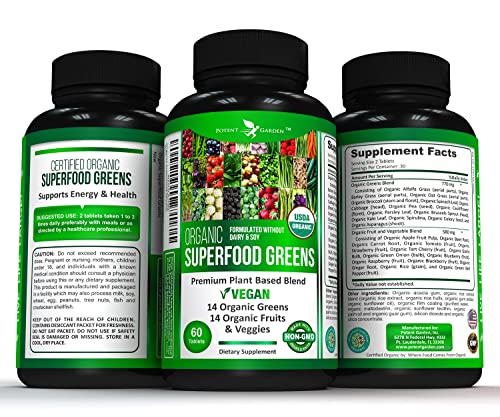 Potent Garden 2-Pack Organic Superfood Greens, Fruit and Veggie Supplement Rich in Vitamins & Antioxidants with Alfalfa, Beet Root & Tart Cherry to Boost Energy, Immunity & Gut Health, 120 Ct