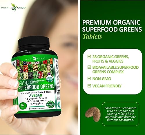 Potent Garden 2-Pack Organic Superfood Greens, Fruit and Veggie Supplement Rich in Vitamins & Antioxidants with Alfalfa, Beet Root & Tart Cherry to Boost Energy, Immunity & Gut Health, 120 Ct