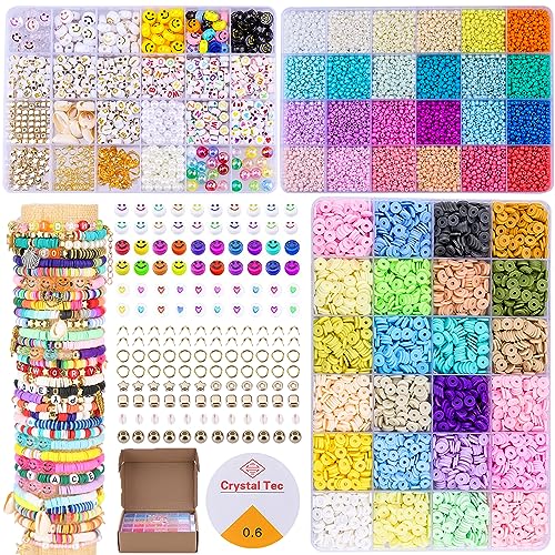 SJZWSD Friendship Bracelet Kit - 13000pcs Polymer Clay & Glass Seed Beads, 48 Colors, 6mm Heishi & 416 Letters Beads for Bracelet Making & Friendship Bead Creations