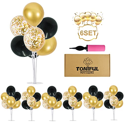 TONIFUL 6 Set Balloon Centerpieces for Table Black Gold Confetti Balloon Stand Kit for 2023 Graduation Party Decoration Birthday Wedding Anniversary Table Party Decorations