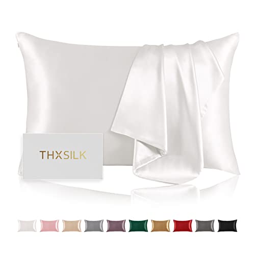 THXSILK 100% Pure Mulberry Silk Pillowcase for Hair and Skin, Highest 6A+ Grade Pure Silk Pillow Case Standard Size, Real Silk Pillowcase with Concealed Zipper(White, Standard)