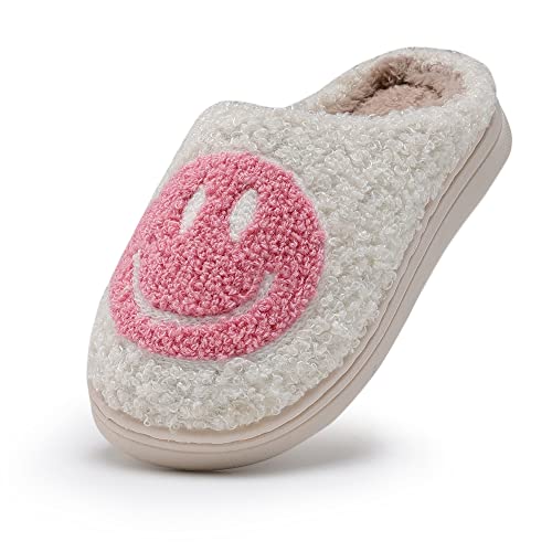 COVS Cute Kids Smile Face Slippers for Girls Boys Soft Plush Happy Face Slippers Non-Slip Toddler Warm House Slippers Little kids smile slippers Indoor Outdoor（Pink 20/21）