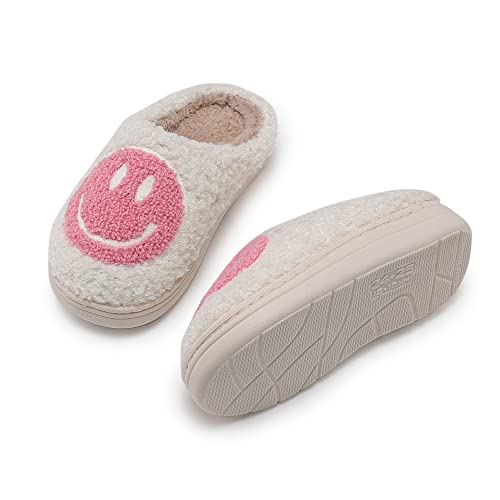 COVS Cute Kids Smile Face Slippers for Girls Boys Soft Plush Happy Face Slippers Non-Slip Toddler Warm House Slippers Little kids smile slippers Indoor Outdoor（Pink 20/21）