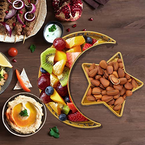 YumSur Eid Mubarak Moon Star Tray, Islam Muslim Al-Fitr Iftar Party Food Serving Tray, Ramadan Metal Platters Table Decor for Breakfast Dinner Dessert Pastry Display Holder Decoration Ornament