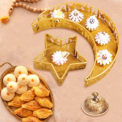 YumSur Eid Mubarak Moon Star Tray, Islam Muslim Al-Fitr Iftar Party Food Serving Tray, Ramadan Metal Platters Table Decor for Breakfast Dinner Dessert Pastry Display Holder Decoration Ornament