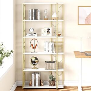 idealhouse bookshelf 6 tier bookcase modern storage rack shelf tall standing bookshelves with metal frame large unique display racks wood book shelf for bedroom, living room, home office, white/gold