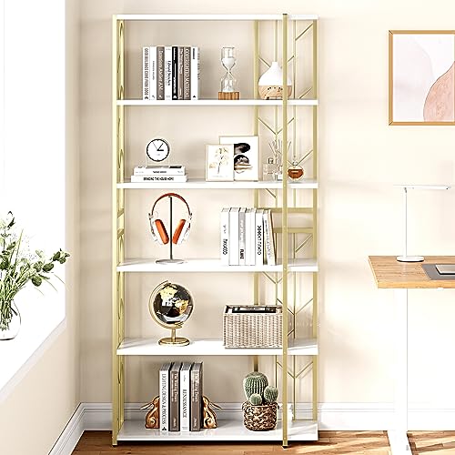 IDEALHOUSE Bookshelf 6 Tier Bookcase Modern Storage Rack Shelf Tall Standing Bookshelves with Metal Frame Large Unique Display Racks Wood Book Shelf for Bedroom, Living Room, Home Office, White/Gold