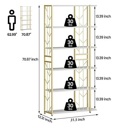 IDEALHOUSE Bookshelf 6 Tier Bookcase Modern Storage Rack Shelf Tall Standing Bookshelves with Metal Frame Large Unique Display Racks Wood Book Shelf for Bedroom, Living Room, Home Office, White/Gold