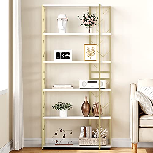 IDEALHOUSE Bookshelf 6 Tier Bookcase Modern Storage Rack Shelf Tall Standing Bookshelves with Metal Frame Large Unique Display Racks Wood Book Shelf for Bedroom, Living Room, Home Office, White/Gold