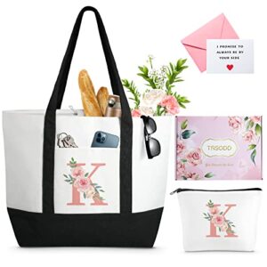 large can-vas tote bag for women, floral ini-tial beach bag w makeup bag, personalized friend 40th birthday couples bride bridal shower mom grandma gifts w inner pocket, top zi-pper, gift box, card k