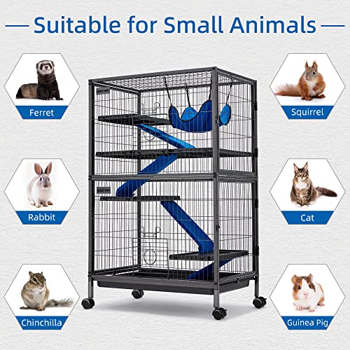 HABUTWAY 50''H Metal Small Animal Cages, Rolling Ferret Cage with Removable Ramps, Lagre Critter Nation Cage for Chinchillas/Guinea Pigs/Rabbit, Rat Cages with Hammock & 5 Tiers, Black