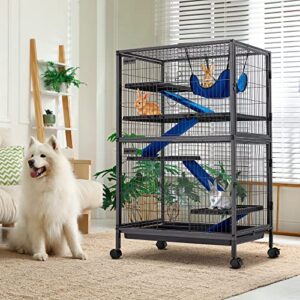 HABUTWAY 50''H Metal Small Animal Cages, Rolling Ferret Cage with Removable Ramps, Lagre Critter Nation Cage for Chinchillas/Guinea Pigs/Rabbit, Rat Cages with Hammock & 5 Tiers, Black