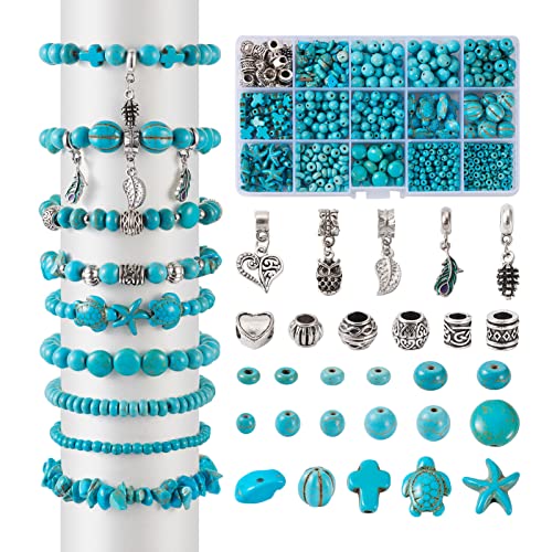 Crafans 820Pcs Turquoise Beads Kits with Alloy Dangle Charms Large Hole Alloy European Beads, Rondelle Turtle Cross Gemstone Beads Bracelet Making Kit for Jewelry Making