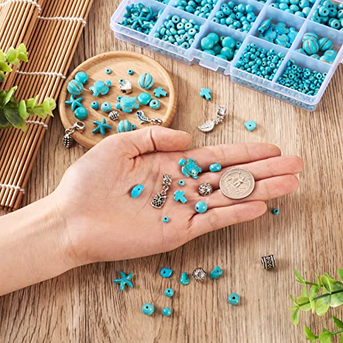 Crafans 820Pcs Turquoise Beads Kits with Alloy Dangle Charms Large Hole Alloy European Beads, Rondelle Turtle Cross Gemstone Beads Bracelet Making Kit for Jewelry Making