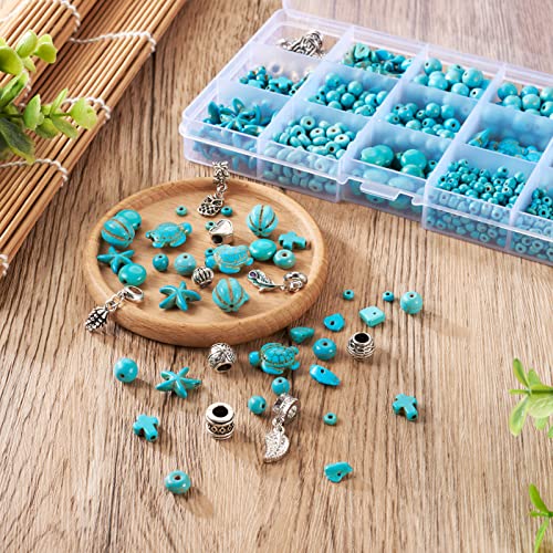 Crafans 820Pcs Turquoise Beads Kits with Alloy Dangle Charms Large Hole Alloy European Beads, Rondelle Turtle Cross Gemstone Beads Bracelet Making Kit for Jewelry Making