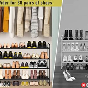 MISSLO 4 Tier Long Shoe Organizer for Closet Shoe Rack for Bedroom Closet Floor Shoe Shelf for Entryway Storage Stackable Wide Shoe Shelf Stores 30 Pairs of Men Sneakers, Black