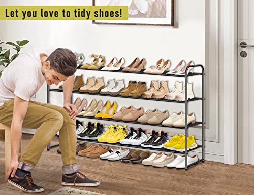 MISSLO 4 Tier Long Shoe Organizer for Closet Shoe Rack for Bedroom Closet Floor Shoe Shelf for Entryway Storage Stackable Wide Shoe Shelf Stores 30 Pairs of Men Sneakers, Black