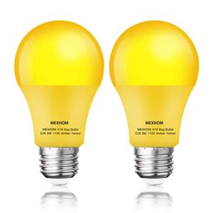 mexhom 2 pack yellow bug light bulbs outdoor 9w(equivalent100w) 110v e26 bug light for outside non dimmable a19 led bug light bulbs for porch light, backyard,garden