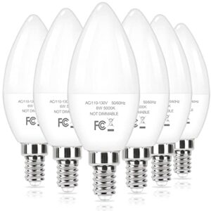 odnora e12 candelabra led light bulbs 60w equivalent, 5000k 6w 450 lumens chandelier light bulbs, daylight white led ceiling fan light bulbs, b11 candle light bulbs small base, non-dimmable 6 packs