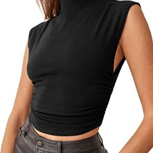 Lauweion Women Sleeveless Turtlenecks Crop Tops Ruched Slim Fit Solid Basic Casual Mock Neck Crop Tank Top Black