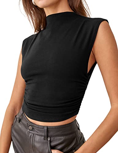 Lauweion Women Sleeveless Turtlenecks Crop Tops Ruched Slim Fit Solid Basic Casual Mock Neck Crop Tank Top Black