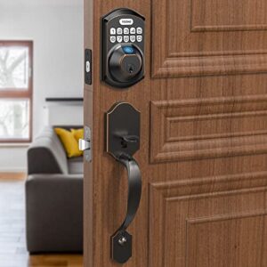 fingerprint keyless entry door lock with handle - teeho te002h smart keypad deadbolt set for front door - 0.3s biometric identify - auto lock - ip54 waterproof - oil rubbed bronze