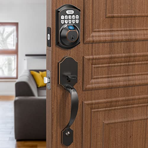 Fingerprint Keyless Entry Door Lock with Handle - TEEHO TE002H Smart Keypad Deadbolt Set for Front Door - 0.3s Biometric Identify - Auto Lock - IP54 Waterproof - Oil Rubbed Bronze