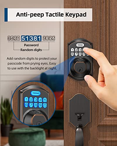 Fingerprint Keyless Entry Door Lock with Handle - TEEHO TE002H Smart Keypad Deadbolt Set for Front Door - 0.3s Biometric Identify - Auto Lock - IP54 Waterproof - Oil Rubbed Bronze