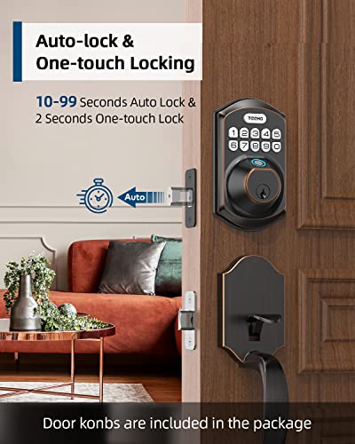 Fingerprint Keyless Entry Door Lock with Handle - TEEHO TE002H Smart Keypad Deadbolt Set for Front Door - 0.3s Biometric Identify - Auto Lock - IP54 Waterproof - Oil Rubbed Bronze