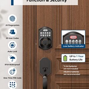 Fingerprint Keyless Entry Door Lock with Handle - TEEHO TE002H Smart Keypad Deadbolt Set for Front Door - 0.3s Biometric Identify - Auto Lock - IP54 Waterproof - Oil Rubbed Bronze