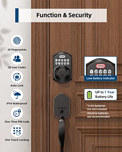 Fingerprint Keyless Entry Door Lock with Handle - TEEHO TE002H Smart Keypad Deadbolt Set for Front Door - 0.3s Biometric Identify - Auto Lock - IP54 Waterproof - Oil Rubbed Bronze