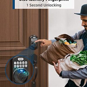 Fingerprint Keyless Entry Door Lock with Handle - TEEHO TE002H Smart Keypad Deadbolt Set for Front Door - 0.3s Biometric Identify - Auto Lock - IP54 Waterproof - Oil Rubbed Bronze