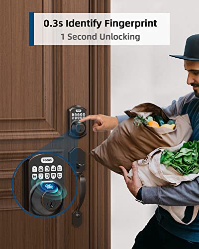 Fingerprint Keyless Entry Door Lock with Handle - TEEHO TE002H Smart Keypad Deadbolt Set for Front Door - 0.3s Biometric Identify - Auto Lock - IP54 Waterproof - Oil Rubbed Bronze