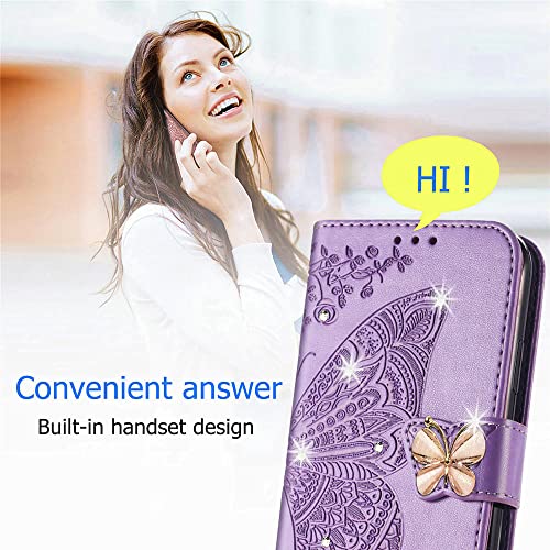 CCSmall for Oppo A17 Wallet Case for Women Girls, Shiny Butterfly Flower PU Leather Cover with Card Slot Holder Flip Phone Case for Oppo A17 Rhinestone Purple