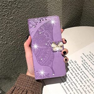 CCSmall for Oppo A17 Wallet Case for Women Girls, Shiny Butterfly Flower PU Leather Cover with Card Slot Holder Flip Phone Case for Oppo A17 Rhinestone Purple